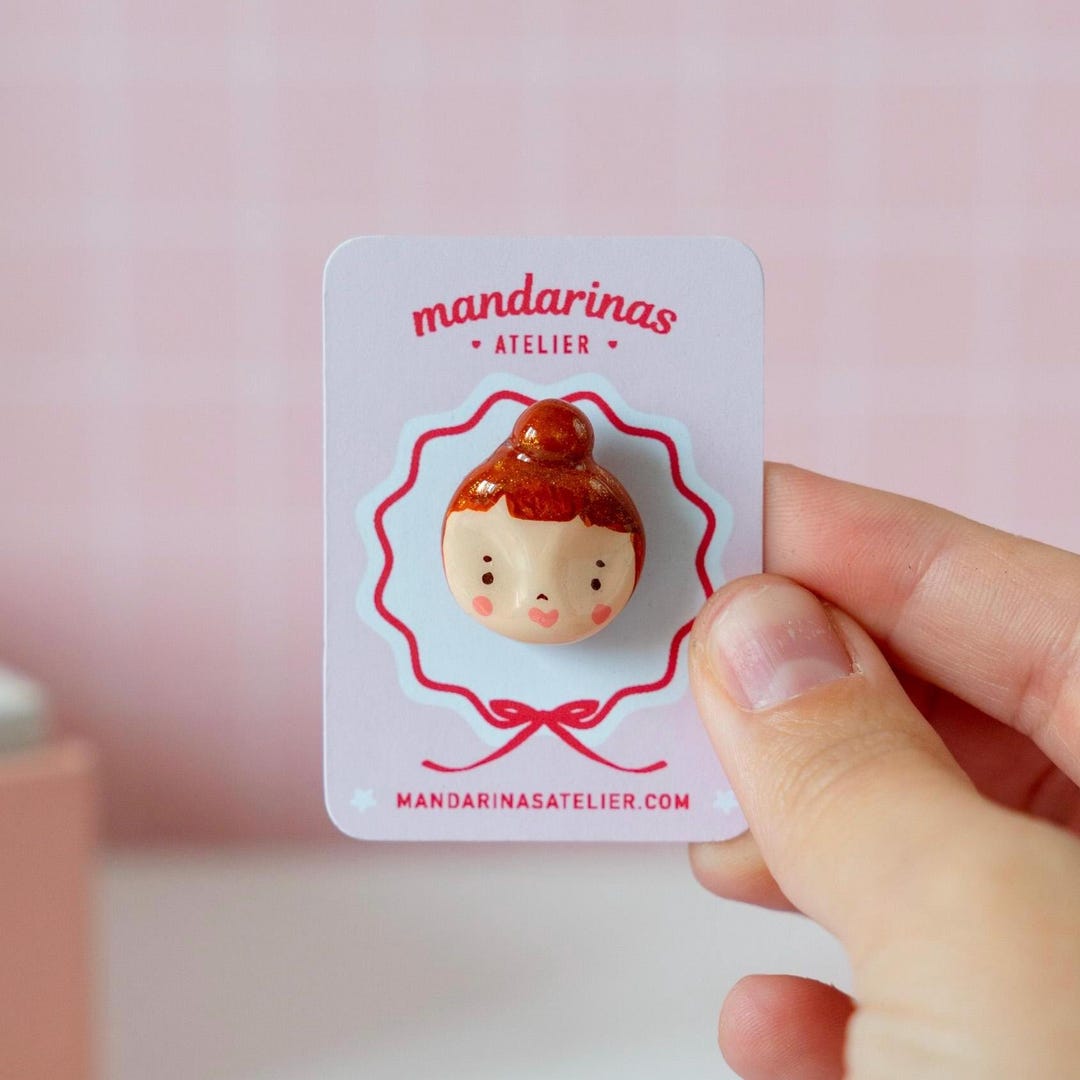 Girl Face Brooch Pin, Hand Painted Cute Girl Pin With Brown Hair, Gift ...