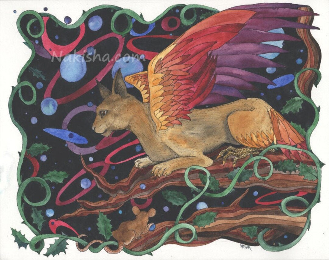 Cat Griffon - Original Watercolor Fantasy Cat Painting, Wall Art ...