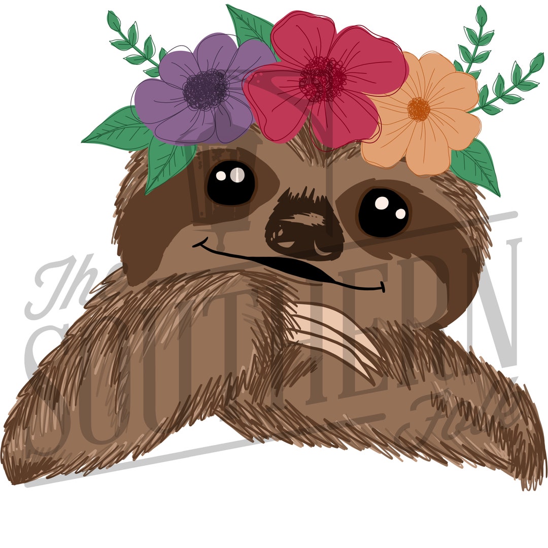 Hand Drawn Sloth Wearing Flower Crown Design PNG File, Sublimation ...