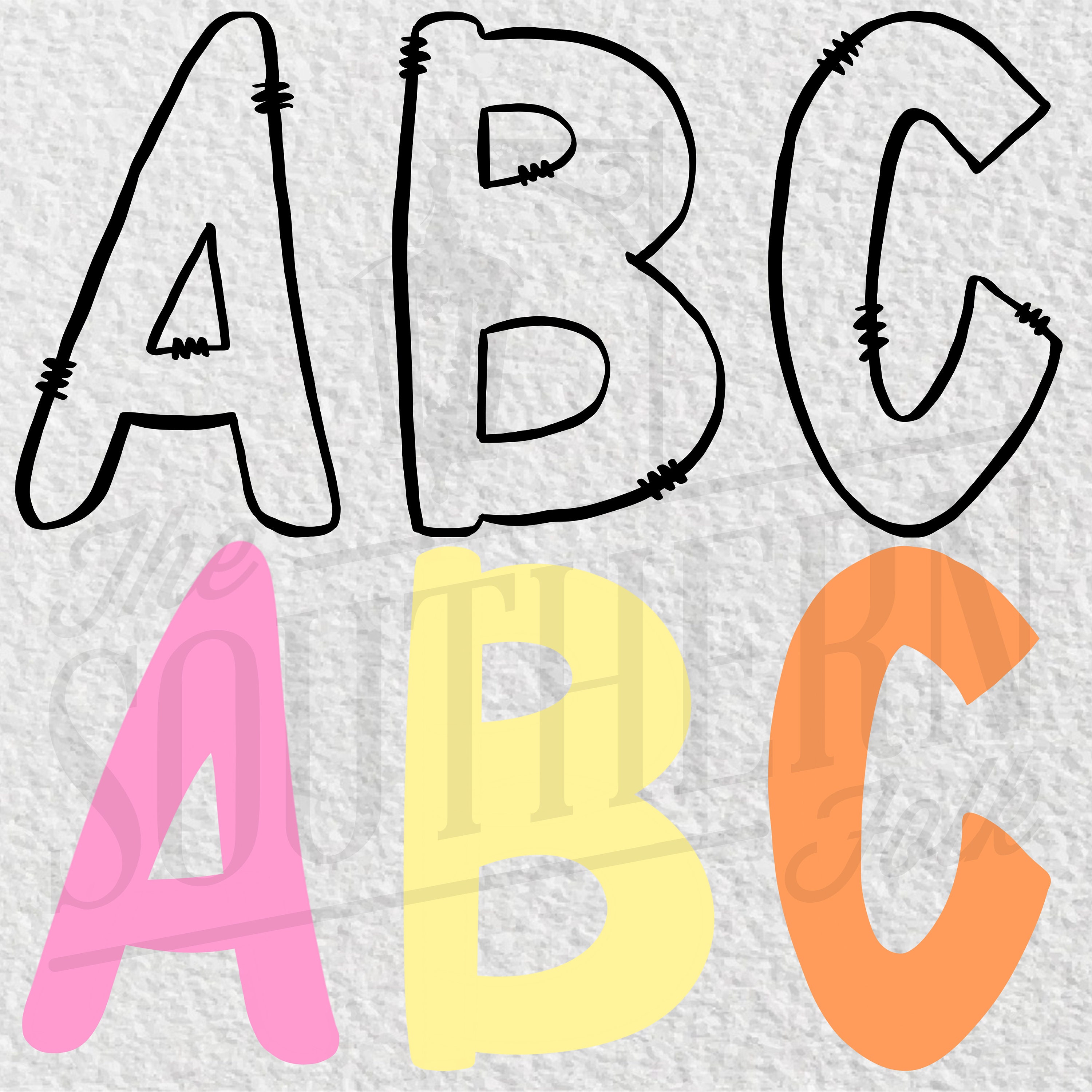 Hand Drawn Alphabet Outlines With Fills, 26 PNG File, Sublimation ...
