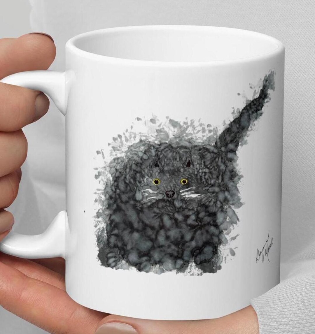 Black Cat, Puff Puff Meow, White Glossy Mug, Cat Art Coffee Cup, Alcohol Ink Print, Kitty, Funny ...