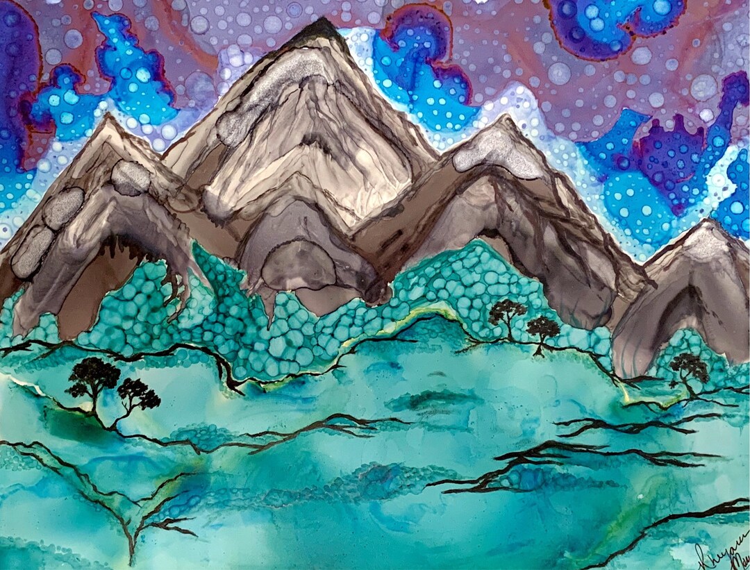 Good Night Mountains, Original Alcohol Ink Painting on 9x12 Inch Yupo ...