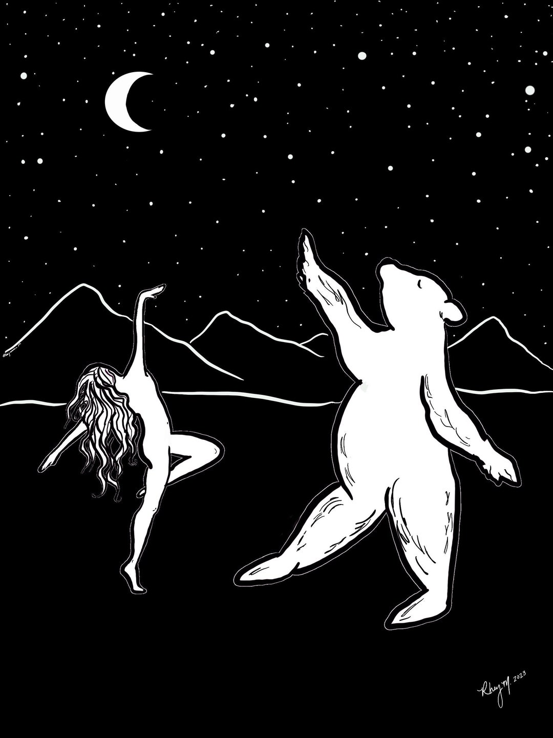 Star Dance Fine Art Print of Woman Dancing Joyfully With Bear Under the ...