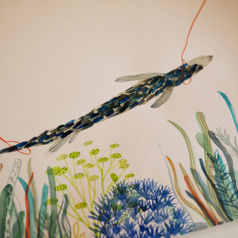 Original Drawing fish on a Leash - Etsy