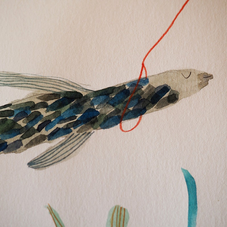 Original Drawing fish on a Leash - Etsy