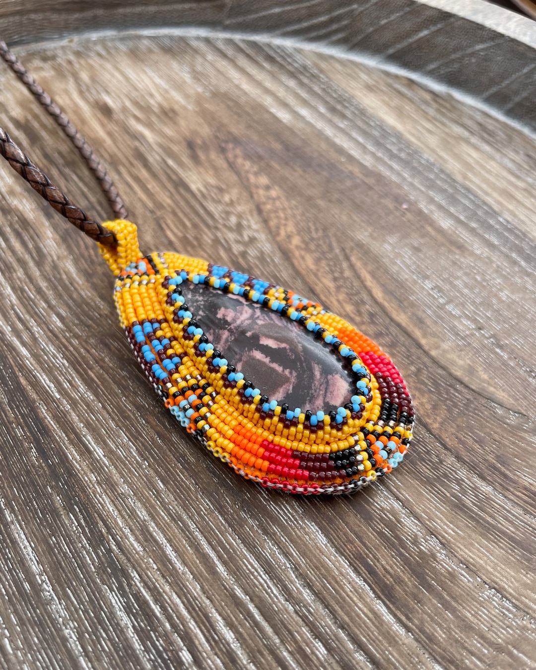 Ethnic Style Necklace, Brown Jasper Necklace, Beaded Embroidered ...