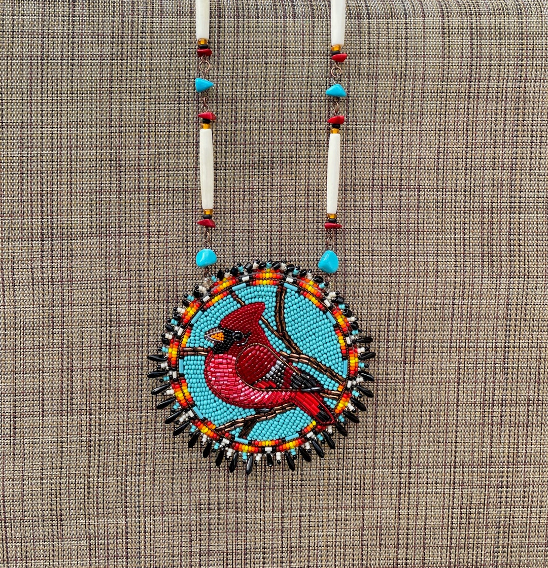 Ethnic Style Cardinal Necklace, Cardinal Bird Medallion, Embroidered ...