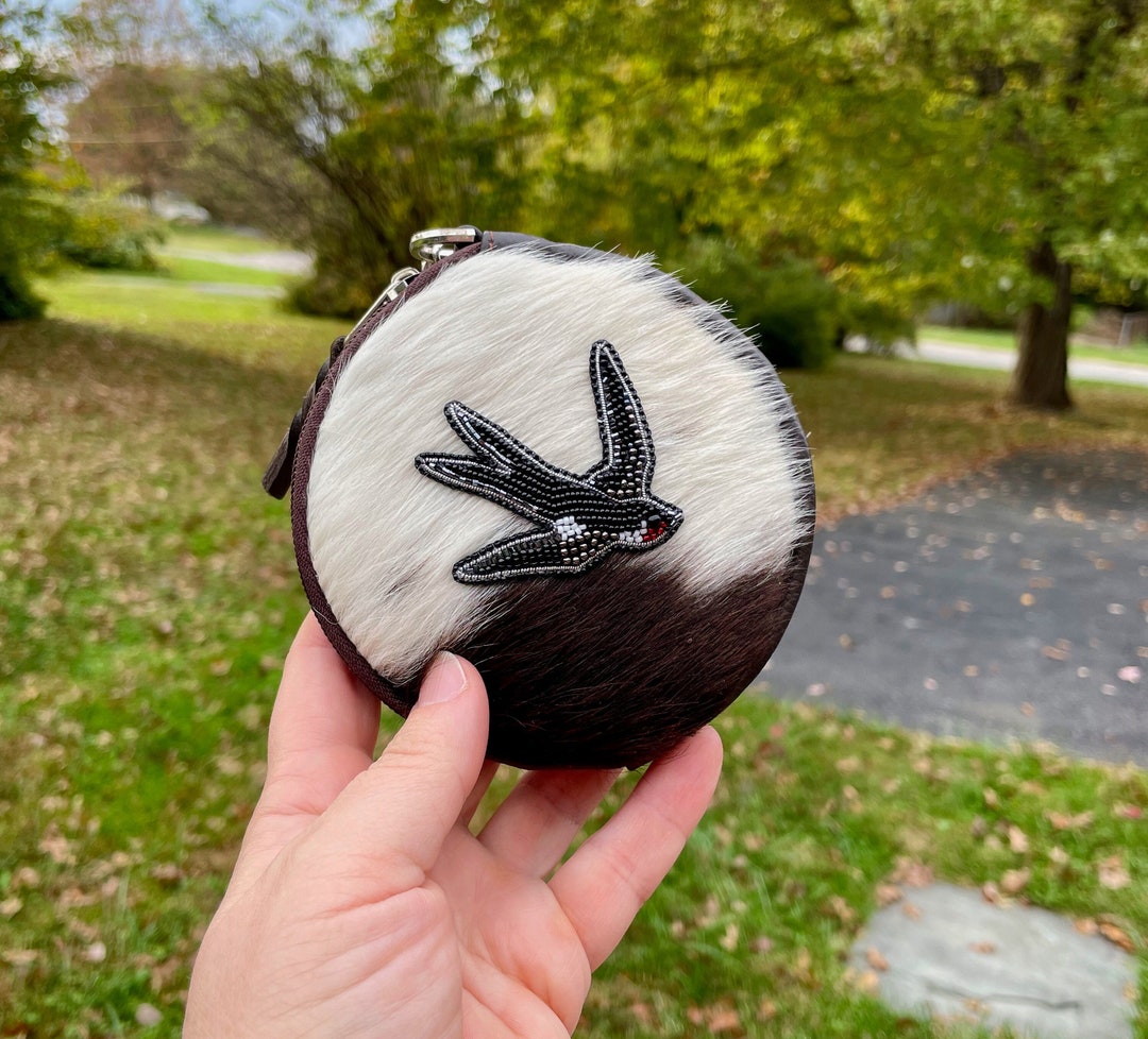 Real Cowhide Coin Purse With Beaded Swallow, White/brown Purse With ...