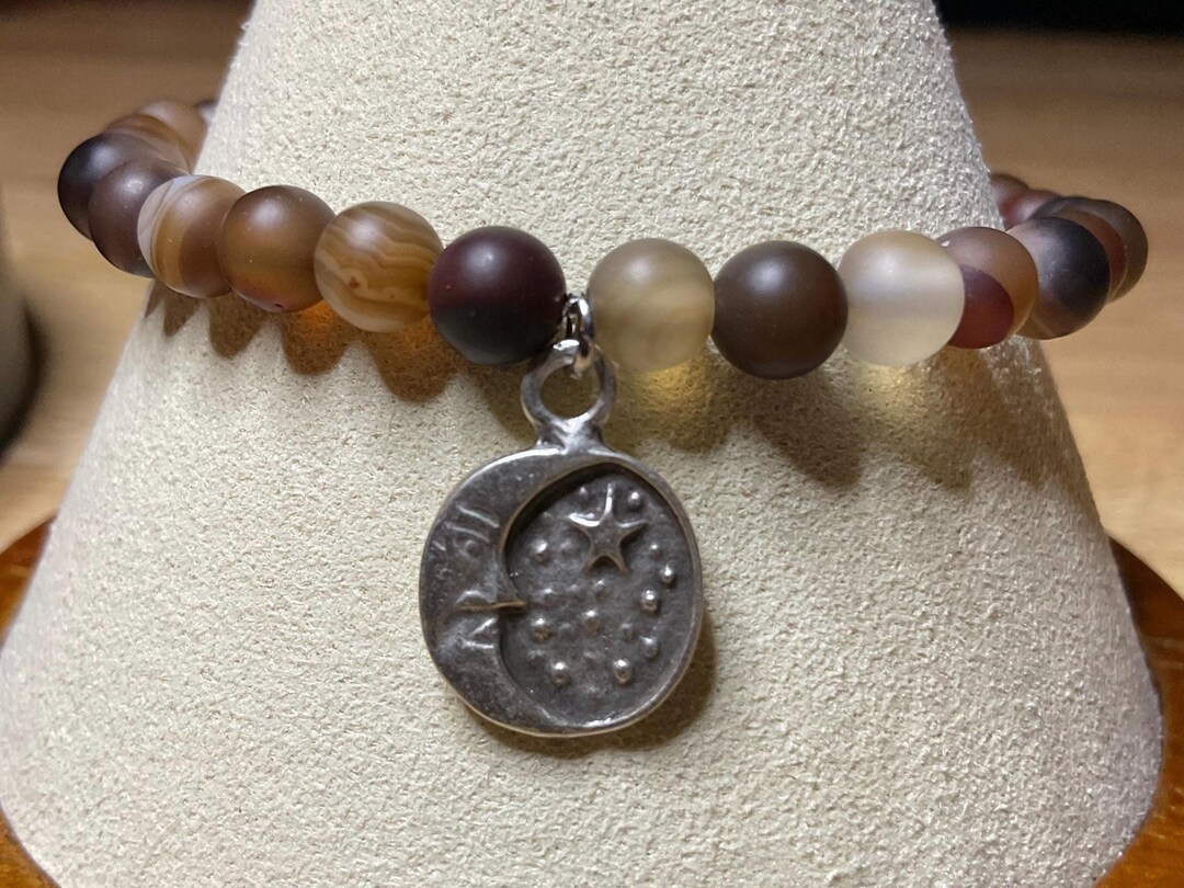 Brown Banded Agate (6 Mm) With Silver Moon and Star Charm - Etsy