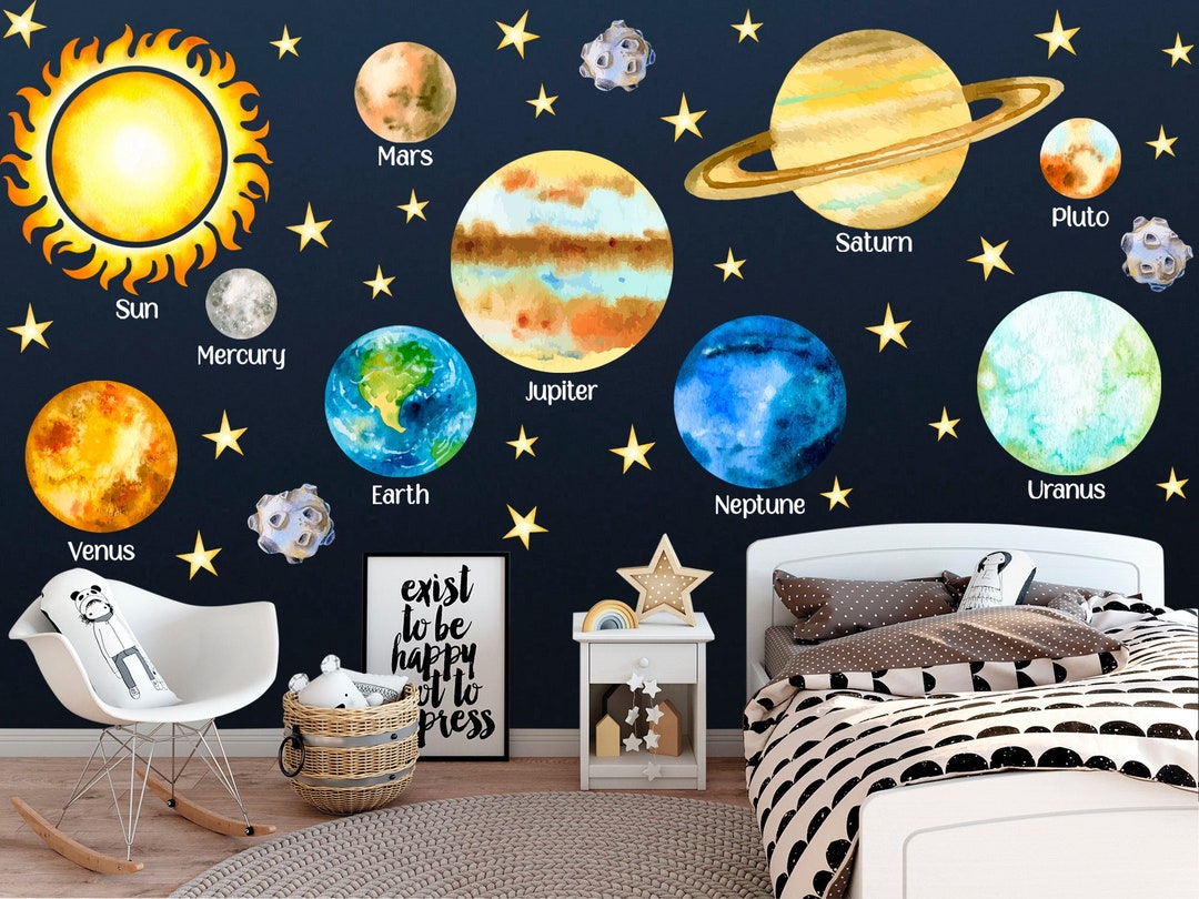 Solar System Wall Decal Boy Room Space Watercolor Decals Kids Room Set ...