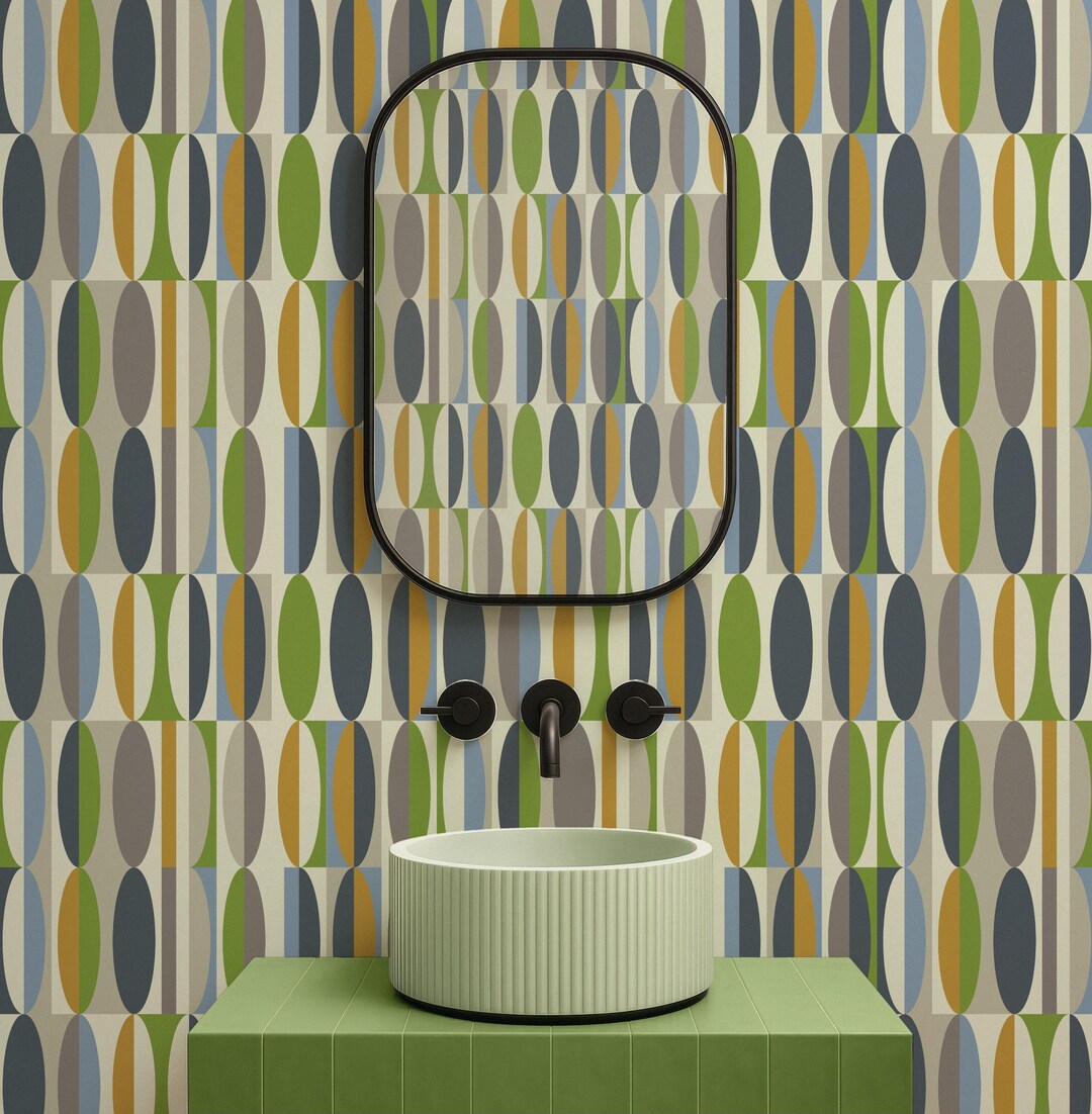 Vintage Abstract Funky Wallpaper for Bathroom, Removable Colorful Oval ...