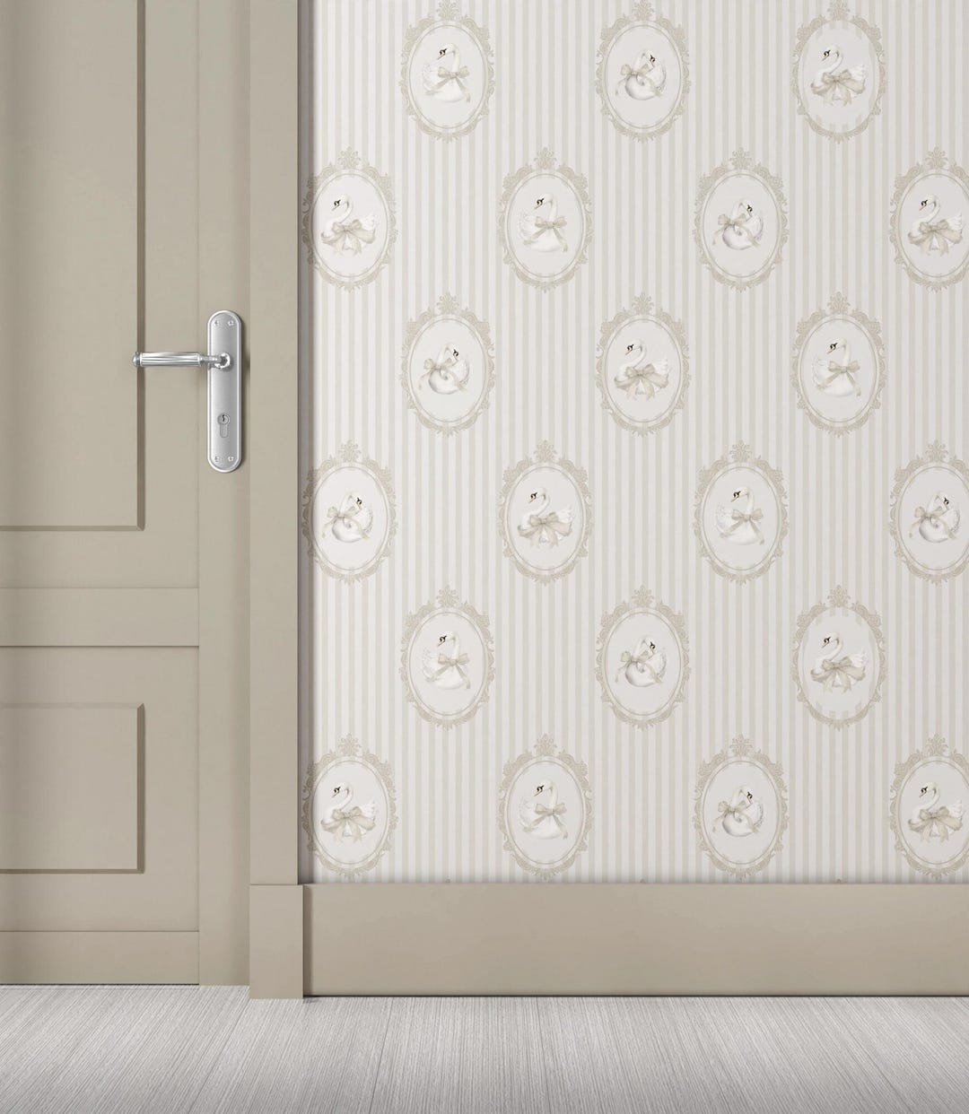 Neutral Swan Wallpaper – Beige Peel & Stick Nursery Wall Mural, Striped ...