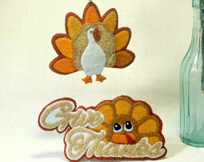 Wool Felt Turkey Ornament, Give Thanks Title, or Set, Beaded ...