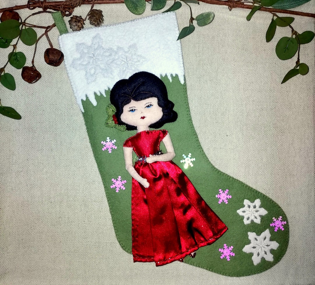 Doll Christmas Stocking Black Hair Pale Skin and Red Satin - Etsy