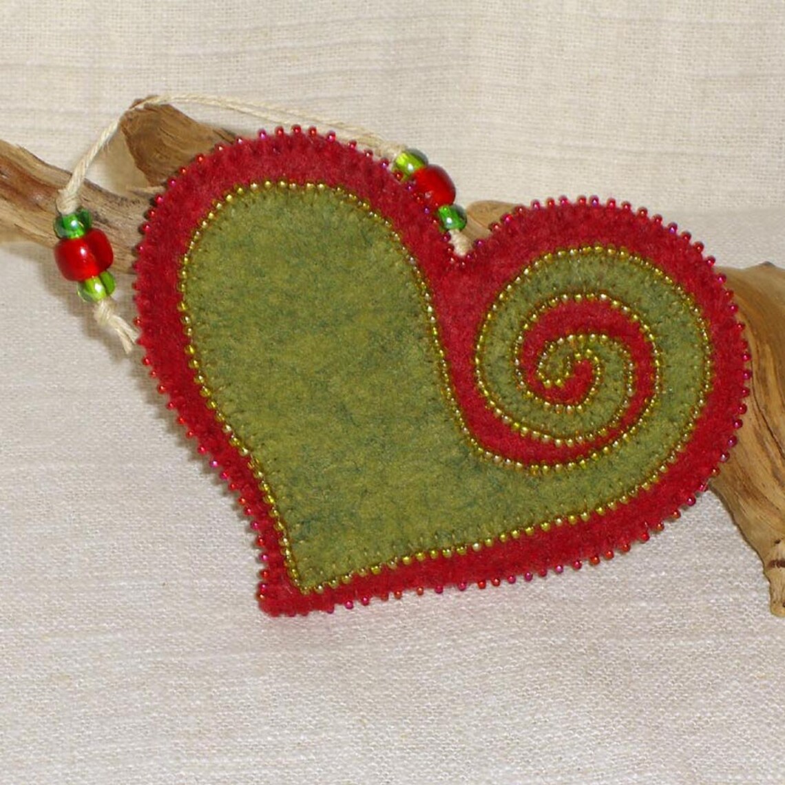 Beaded Red & Green Wool Felt Heart Ornament 3 Mothers Day - Etsy