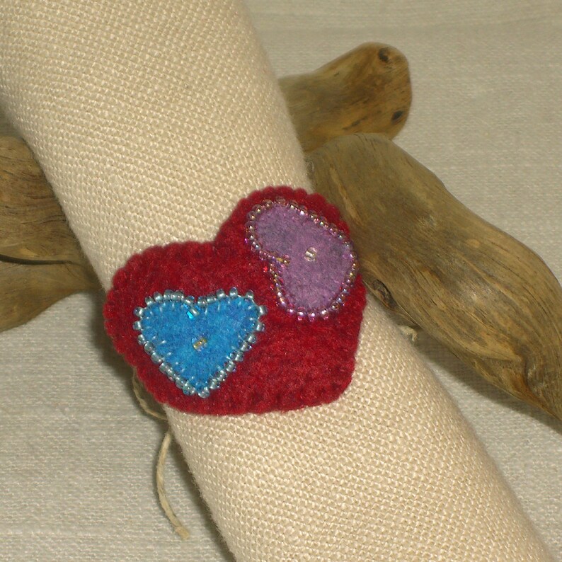 Valentines Day Heart Napkin Rings, Felt Reversible Beaded Candy Hearts ...
