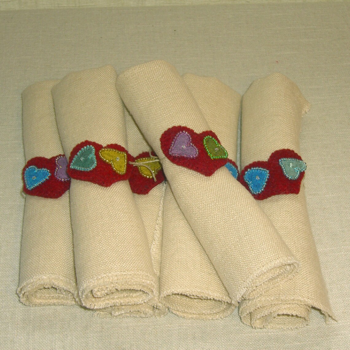 Valentines Day Heart Napkin Rings, Felt Reversible Beaded Candy Hearts ...