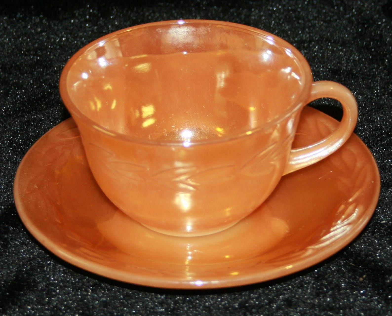 Vtg Fire King Lusterware Glass 2pcs Cup & Saucer Peach Luster Leaves ...