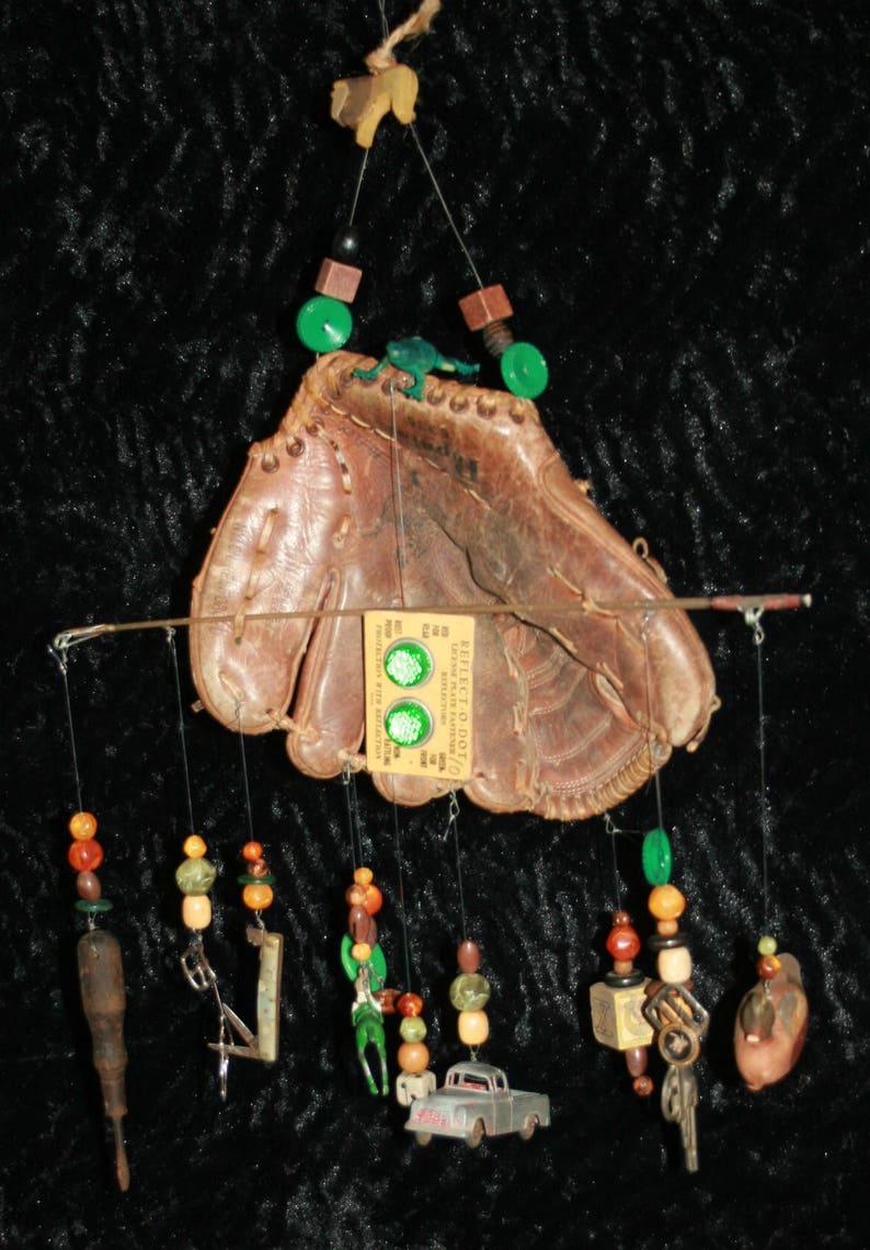 Homemade Wind Chime Windchime Boy Male Baseball Fishing Toys Tools Vtg ...