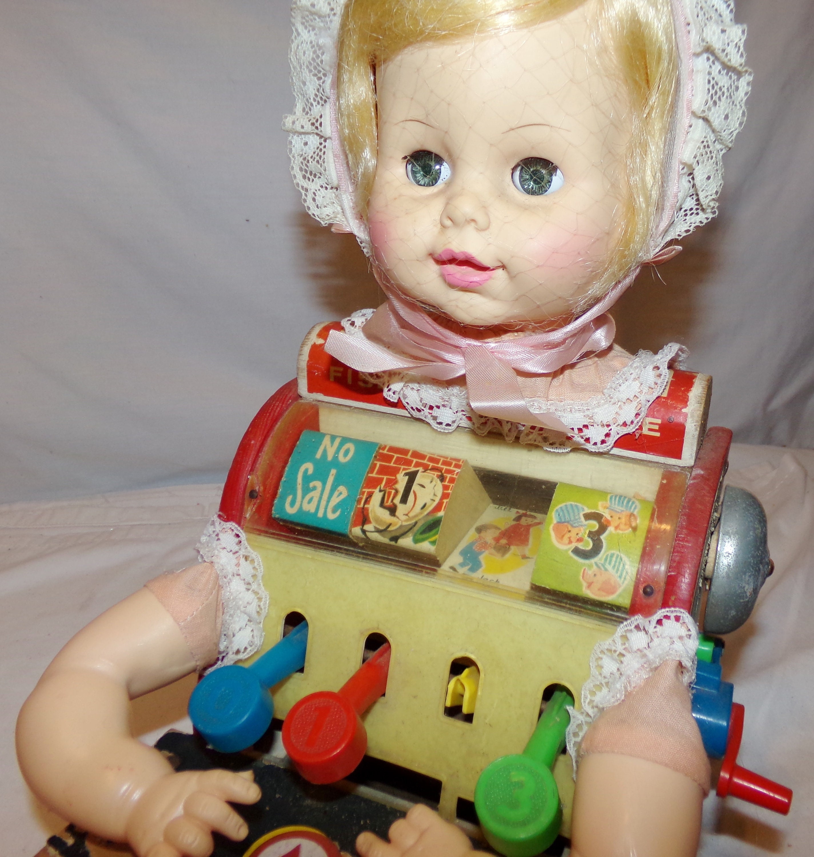 Vtg Creepy Doll Horsman Fisher-price Cash Register Works Hand Crank ...