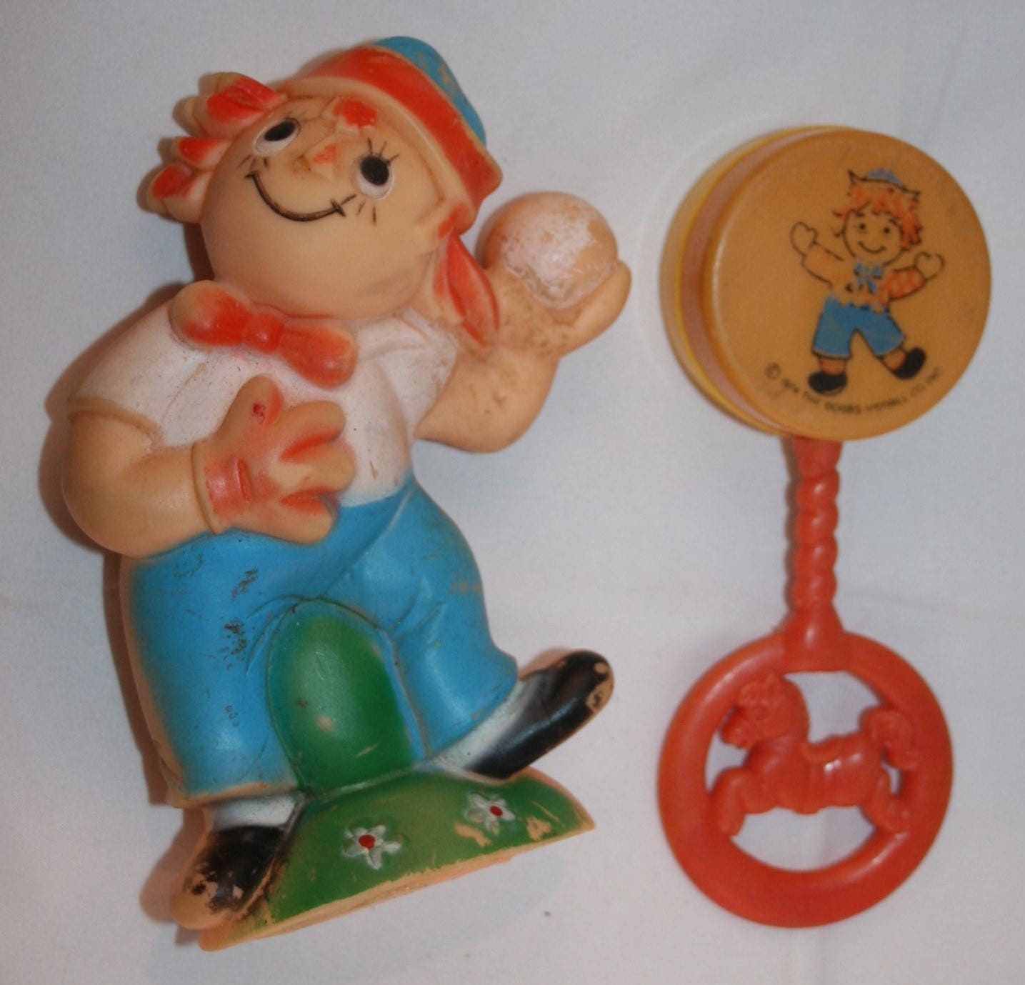 Vtg Raggedy Andy Toys Plastic Rattle 1974 Bobbs Merrill Squeaky Toy Ann ...