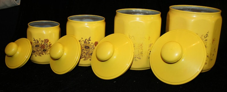 Kromex Aluminum Canisters Vtg 4 pcs w/ Lids Yellow Flowers | Etsy