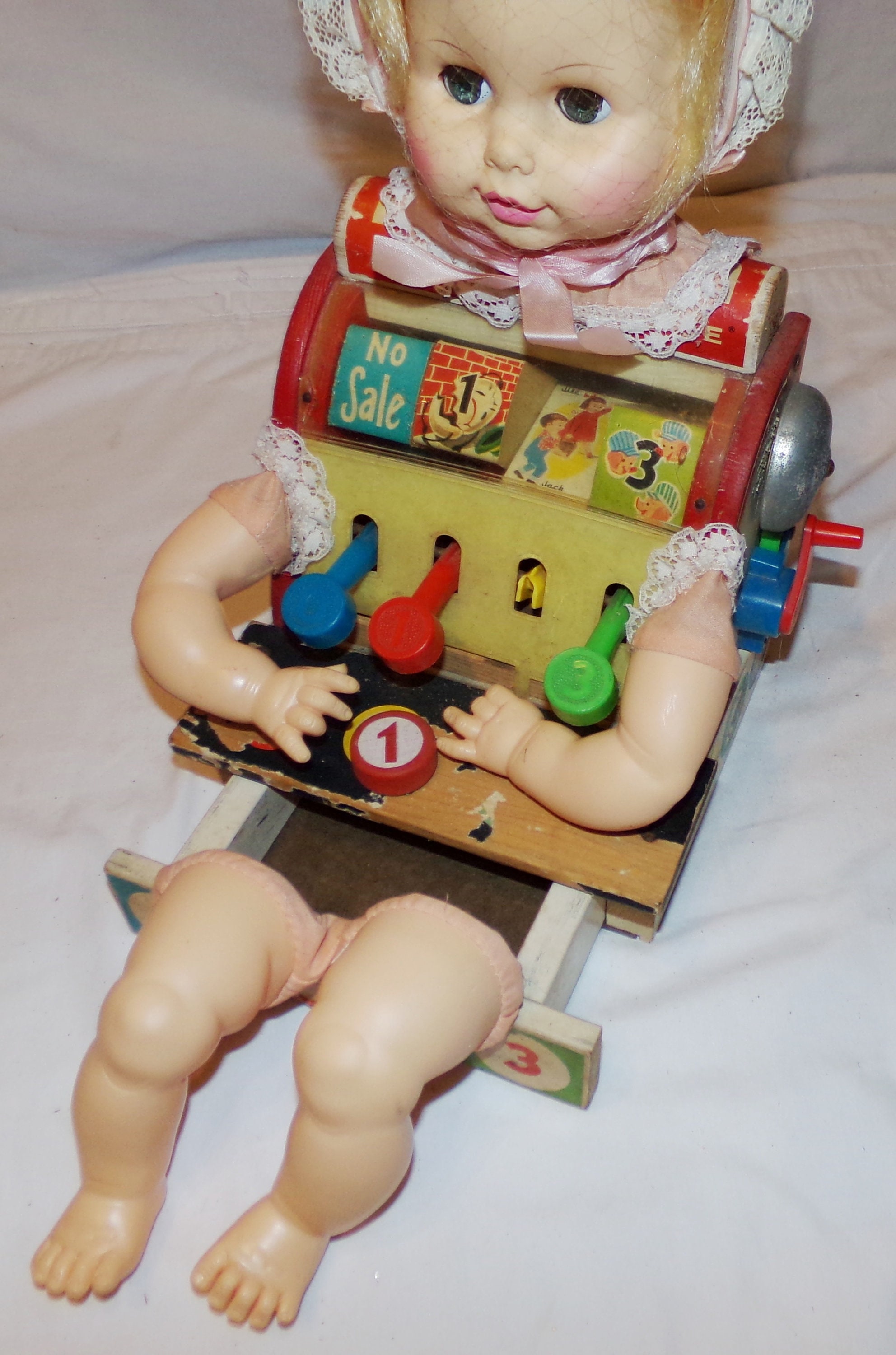 Vtg Creepy Doll Horsman Fisher-price Cash Register Works Hand Crank ...