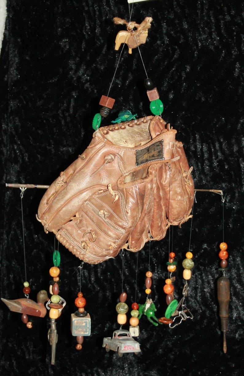 Homemade Wind Chime Windchime Boy Male Baseball Fishing Toys Tools Vtg ...
