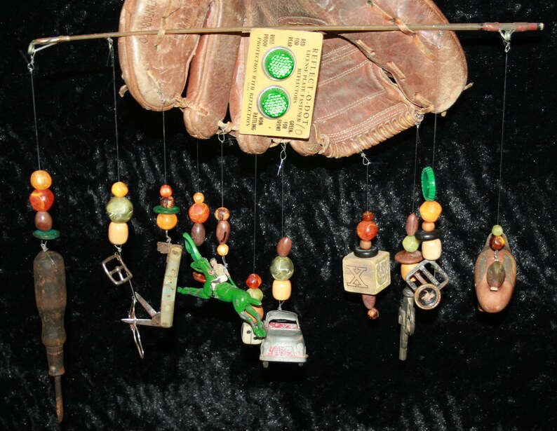 Homemade Wind Chime Windchime Boy Male Baseball Fishing Toys Tools Vtg ...