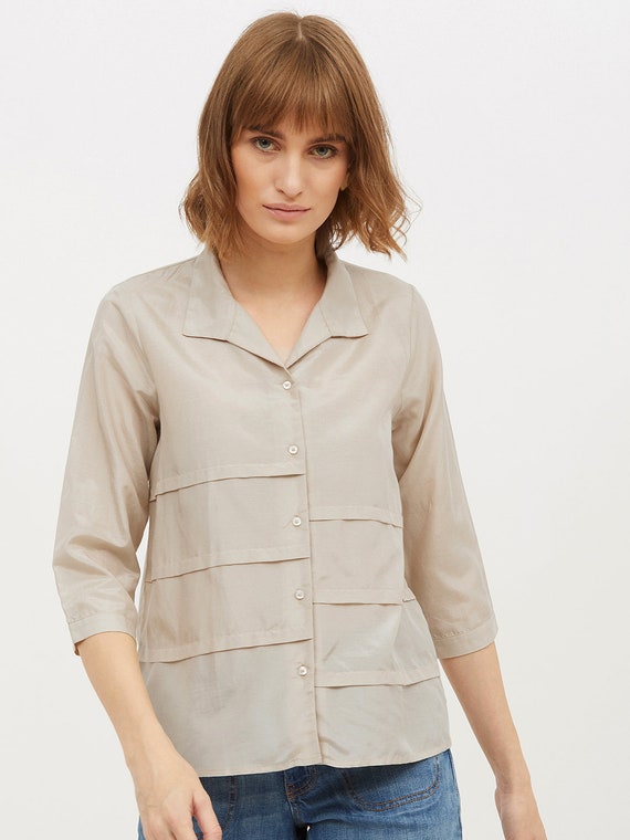 Silk Cotton Collared Shirt With Pleat Details. Button Down | Etsy