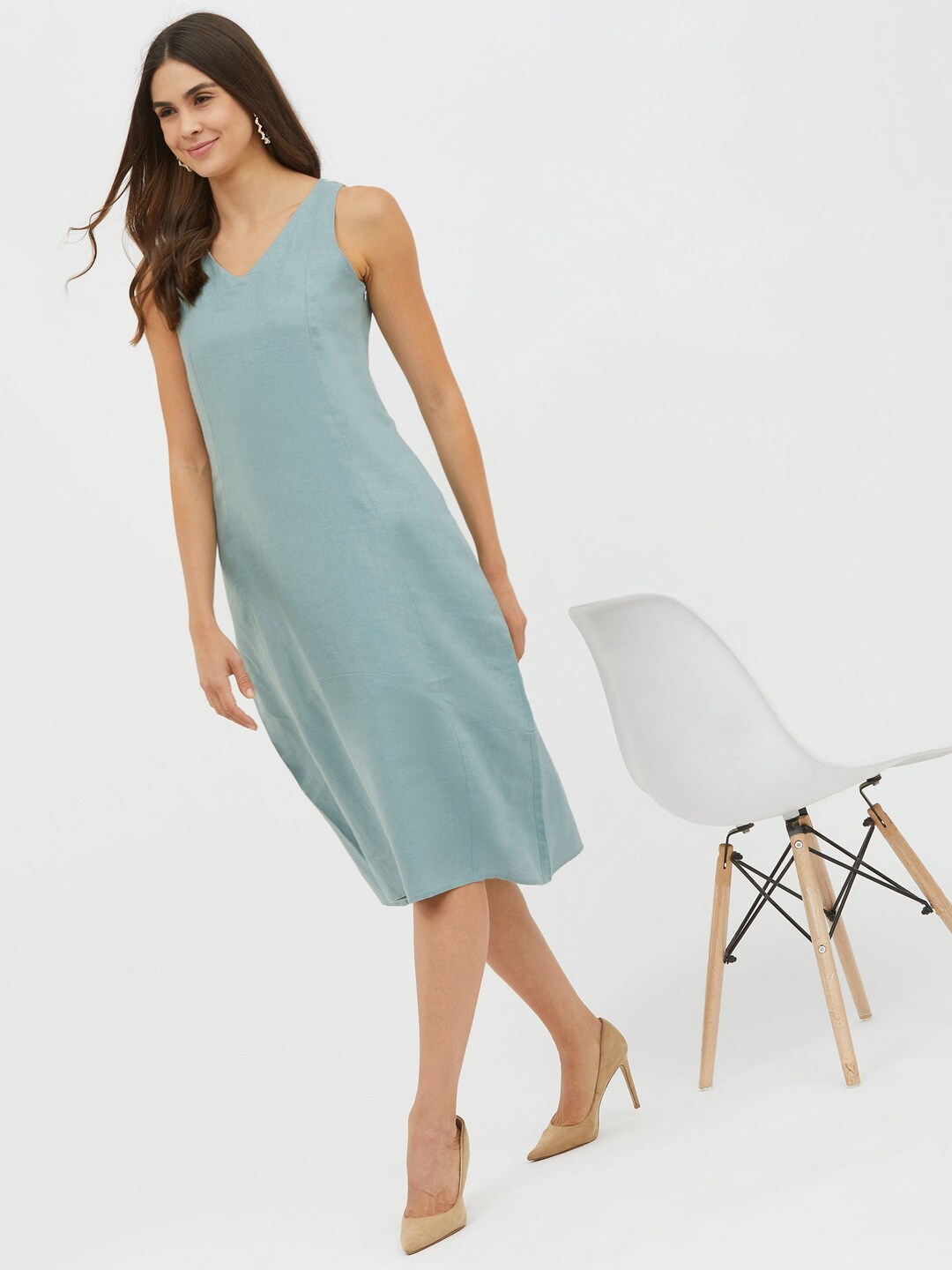 Sleeveless Midi Linen Dress Lined With Cotton Fabric With Pockets ...