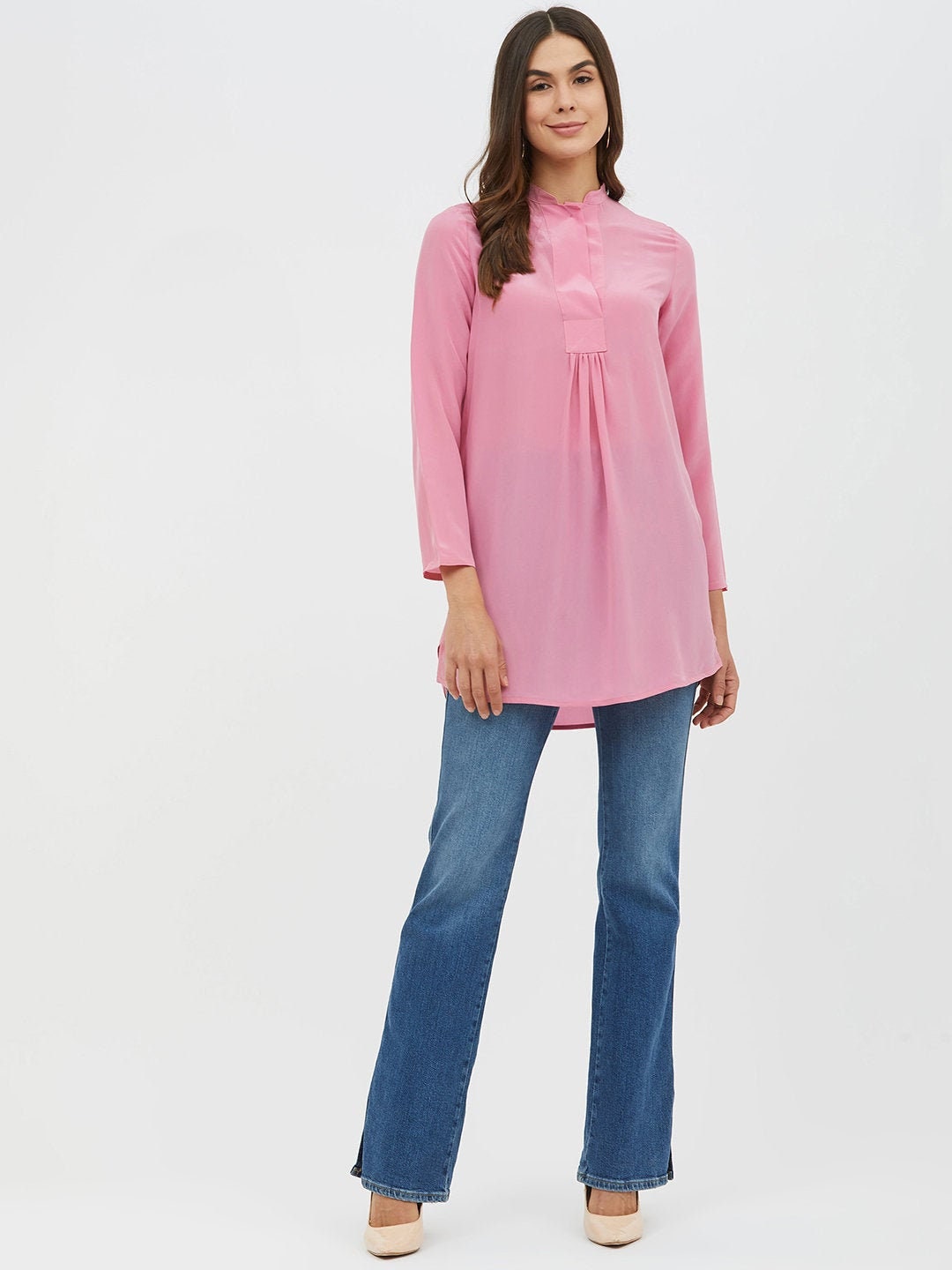 Crepe Silk Tunic With Long Sleeves. Light Pink Silk Tunic With a V Neck ...