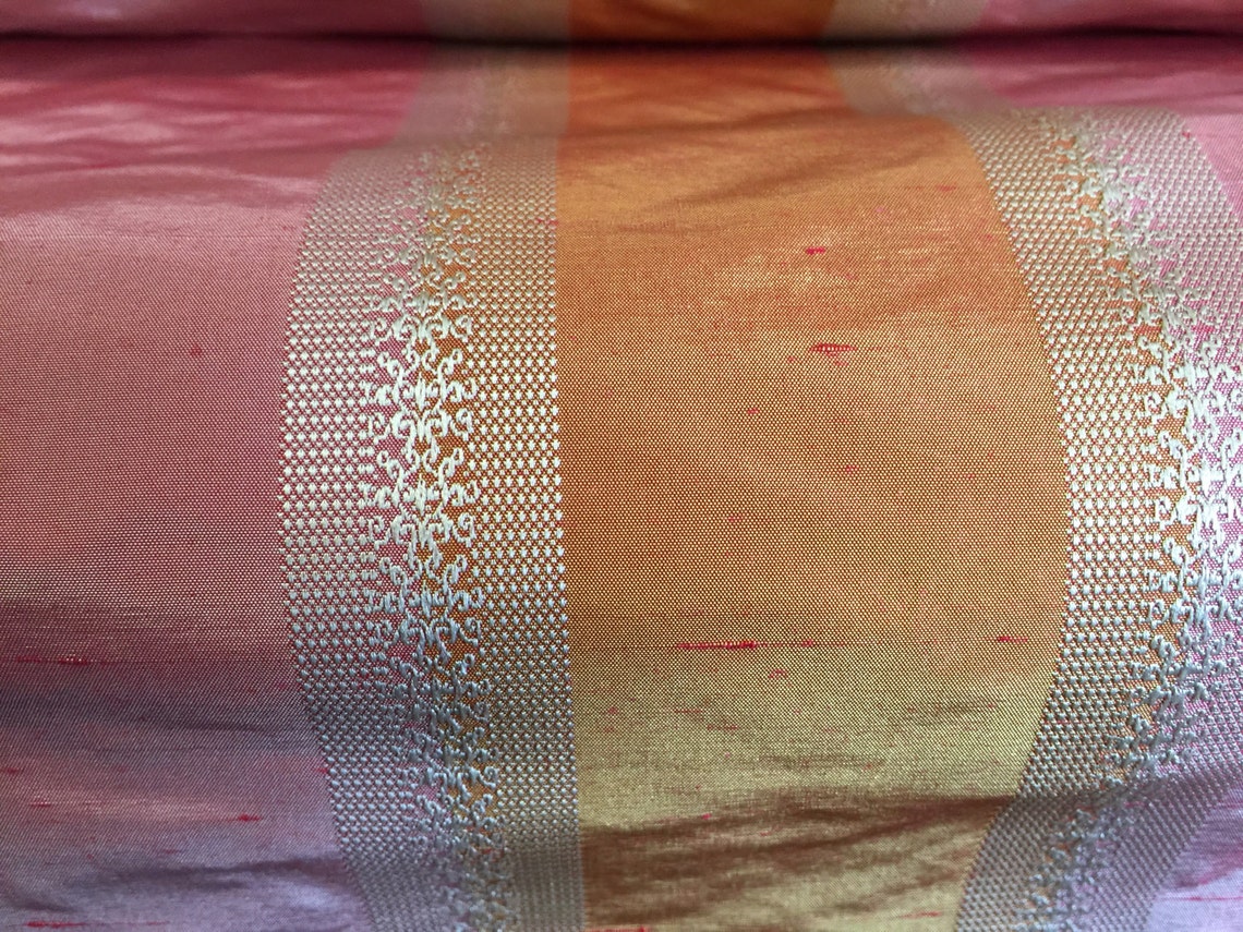 MALIBU Jacquard Stripe Watermelon Saffron- Pure Silk Dupioni Taffeta ...