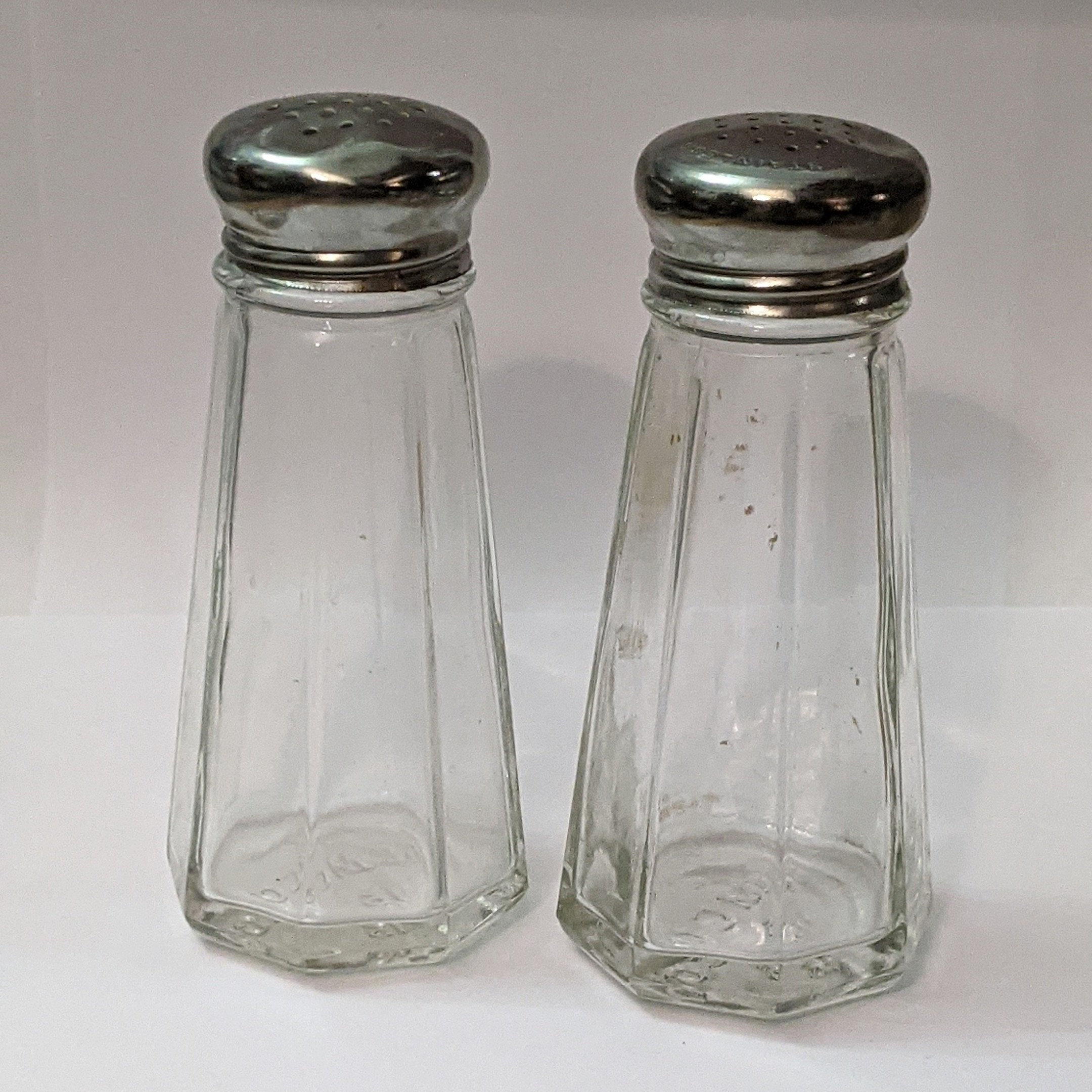 Very Old Gemco Clear Glass Salt & Pepper Octagonal Stainless Dome Lids ...
