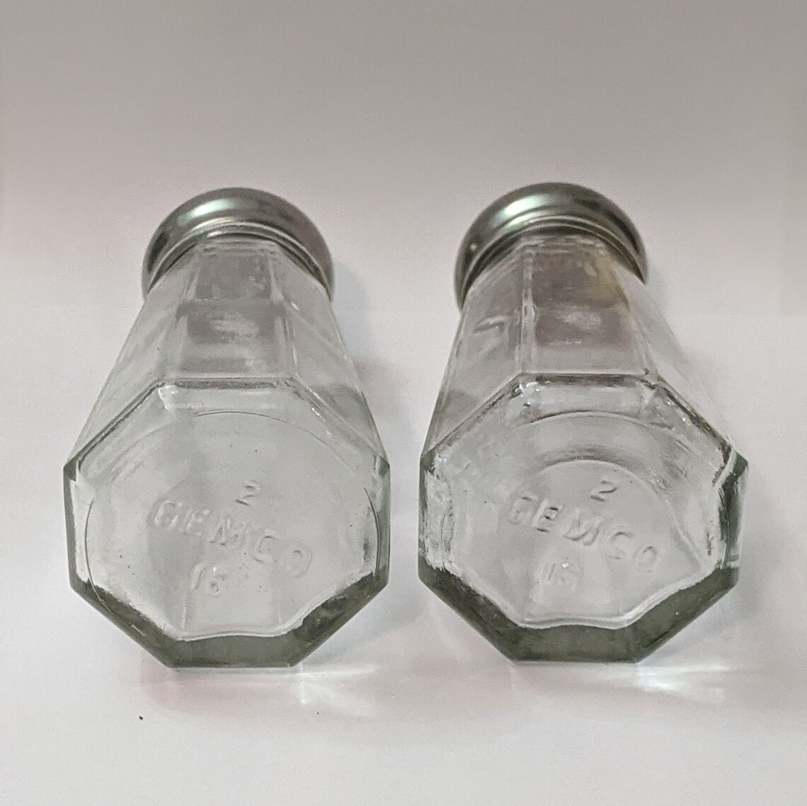 Very Old Gemco Clear Glass Salt & Pepper Octagonal Stainless Dome Lids ...