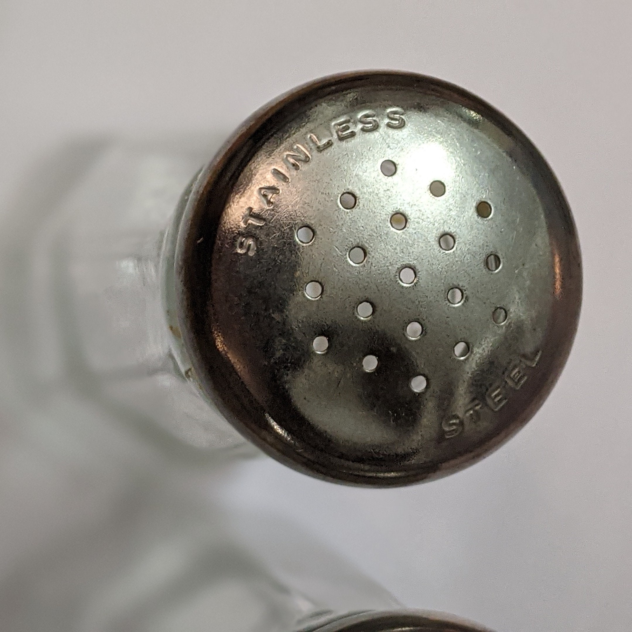 Very Old Gemco Clear Glass Salt & Pepper Octagonal Stainless Dome Lids ...