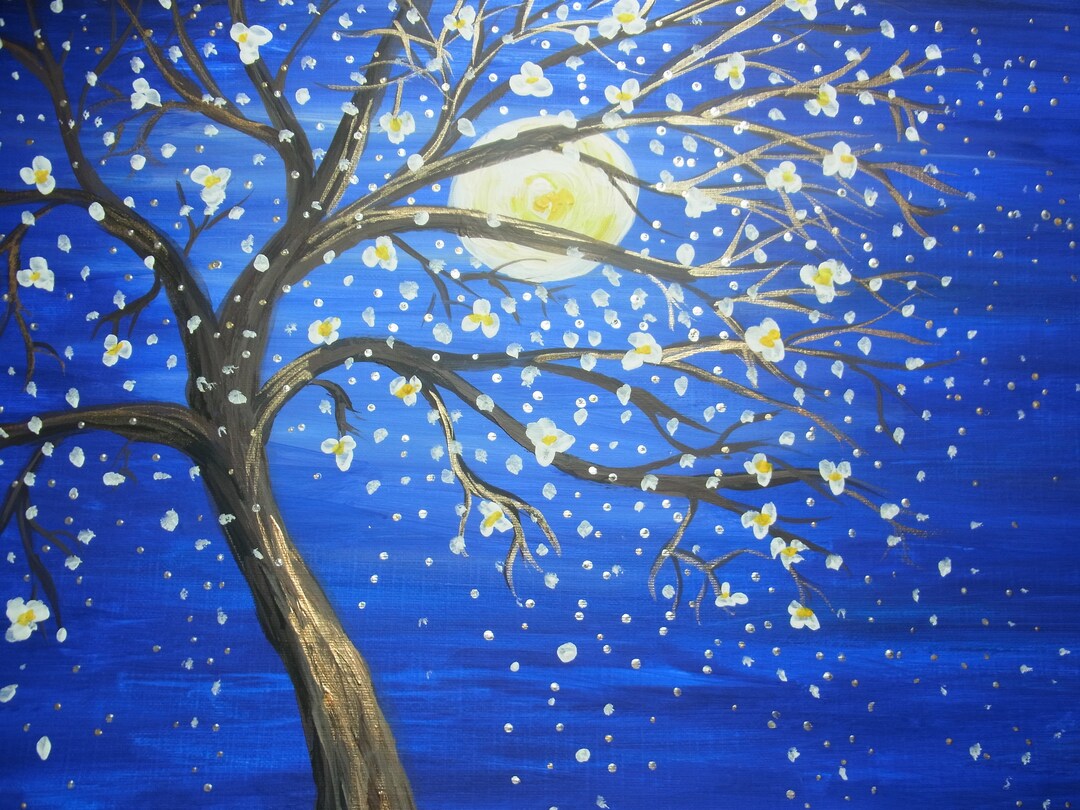 Acrylic Tree Blossom Blue Night Moon Tree Painting Art Wall Decoration ...