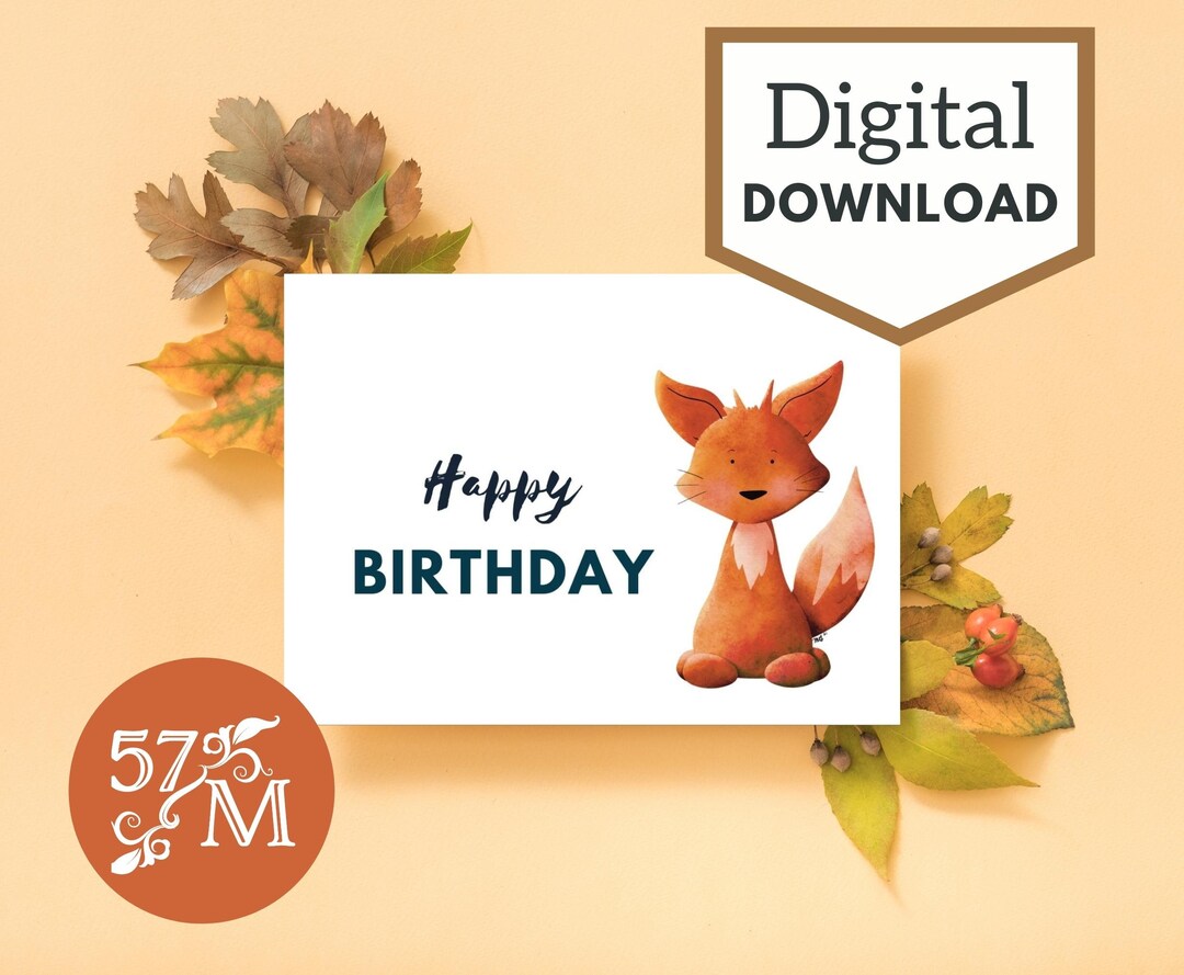 Printable Birthday Greeting Card Instant Download - Fox Card - 5x7 Inch ...
