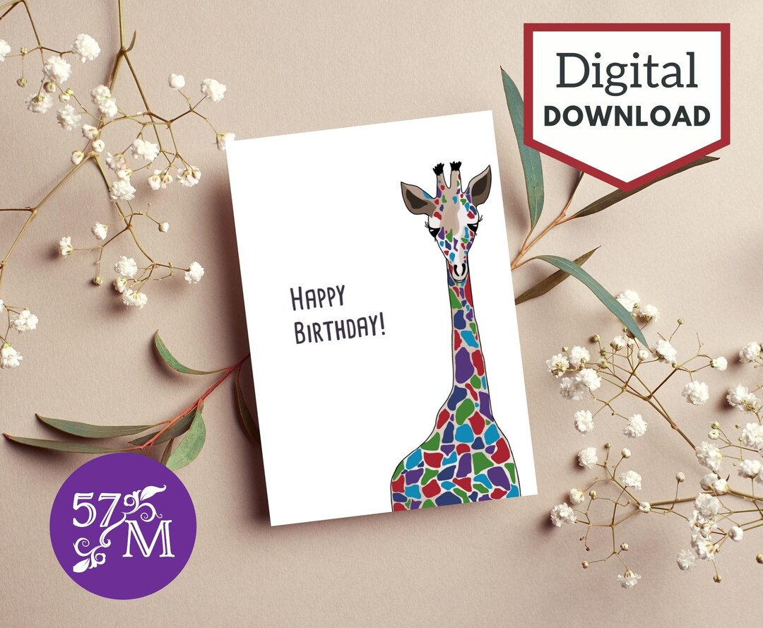 Printable Birthday Greeting Card Instant Download - Giraffe Card - 5x7 ...