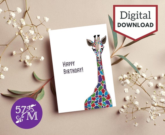 Printable Birthday Greeting Card Instant Download Giraffe | Etsy