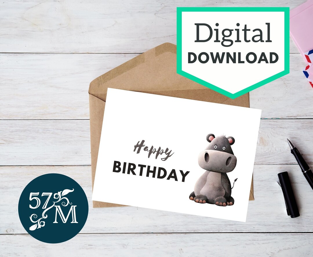 Printable Birthday Greeting Card Instant Download - Hippo Card - 5x7 ...