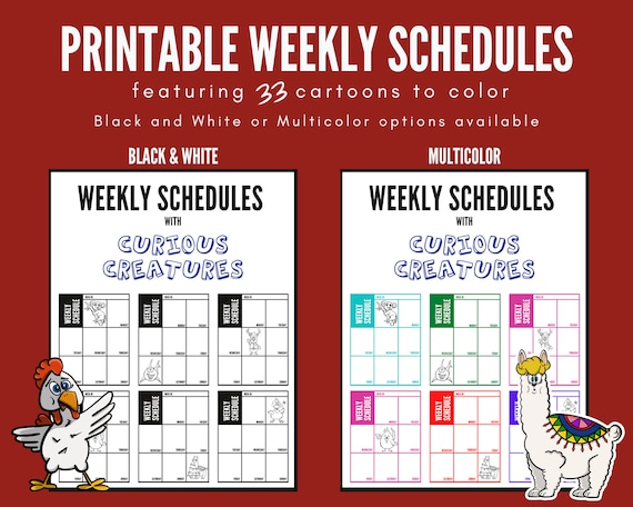 33 Weekly B&W Schedule Printable Planner Weekly Cartoon to | Etsy