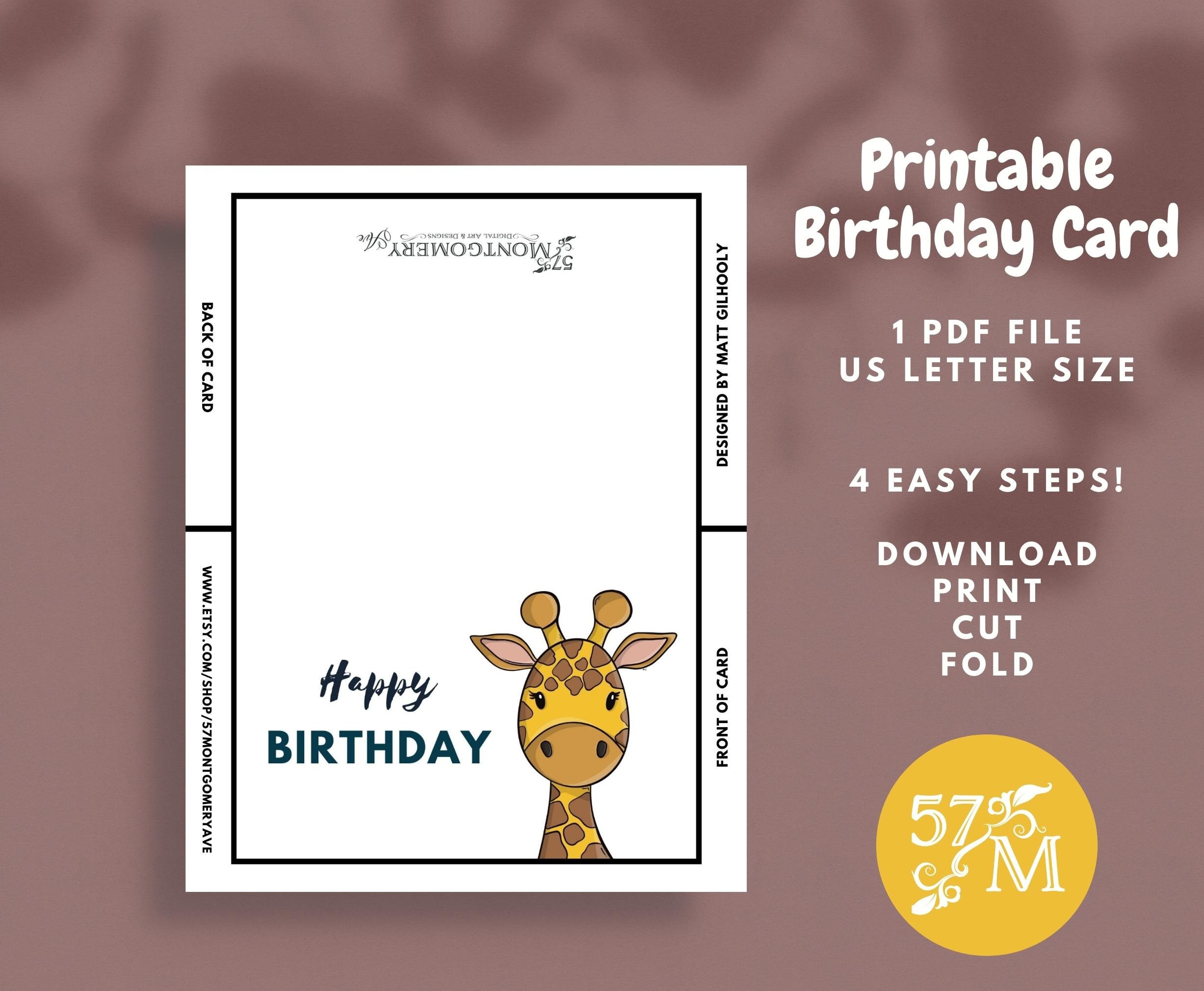 Printable Birthday Greeting Card Instant Download - Giraffe Card - 5x7 ...