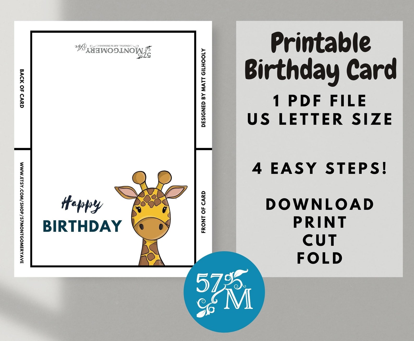 Printable Birthday Greeting Card Instant Download - Giraffe Card - 5x7 ...