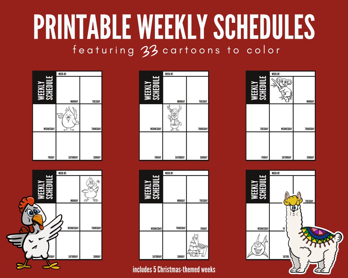 33 Weekly B&W Schedule Printable Planner Weekly Cartoon to Color PDF ...