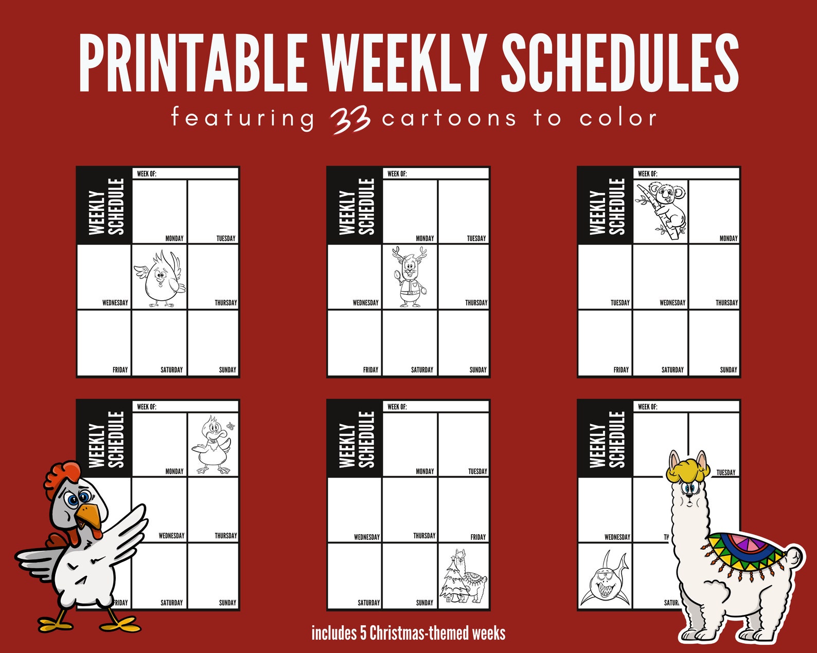 33 Weekly B&W Schedule Printable Planner Weekly Cartoon to Color PDF ...