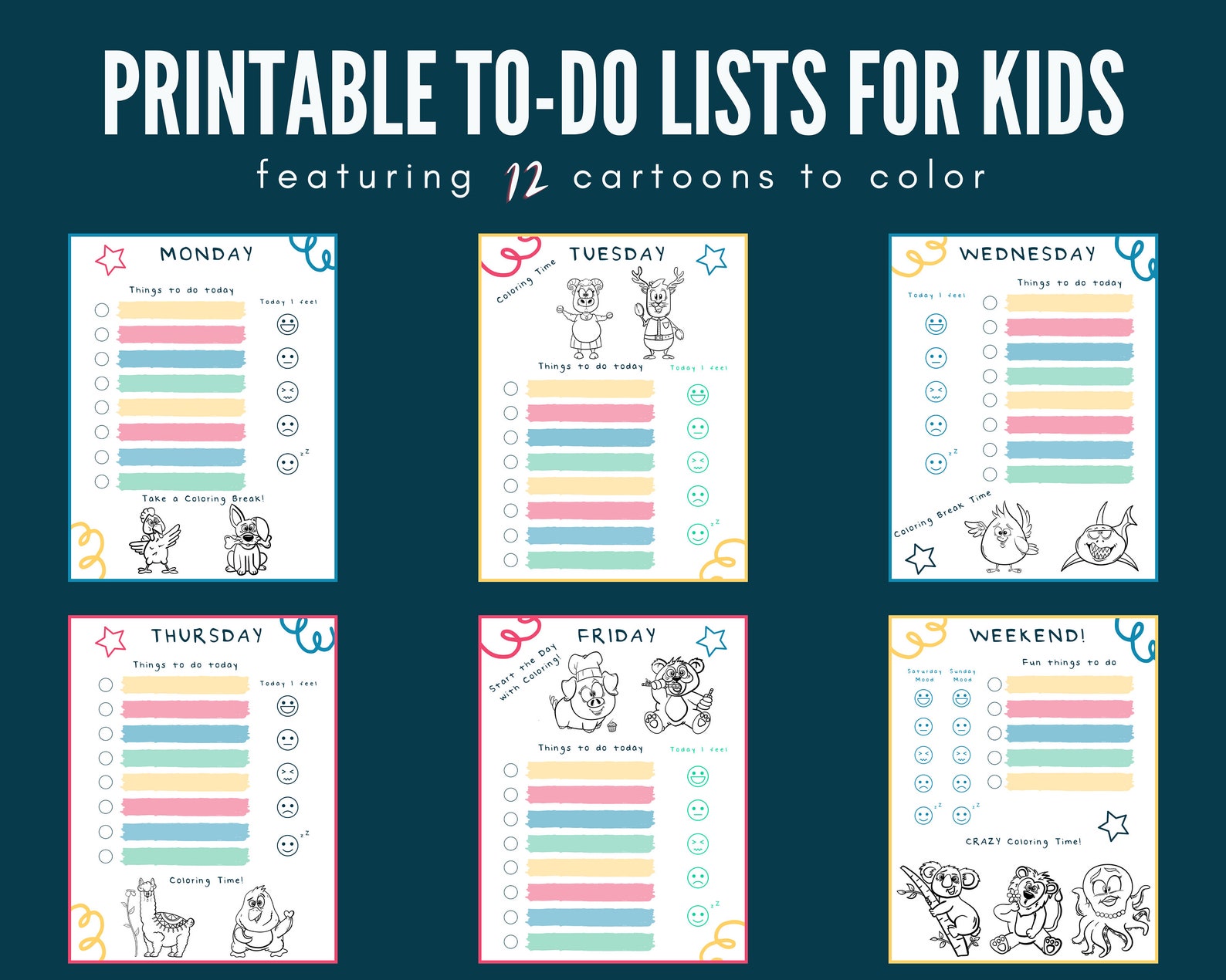 PRINTABLE Kids To-do List | Daily Planner | Daily Cartoons to Color ...