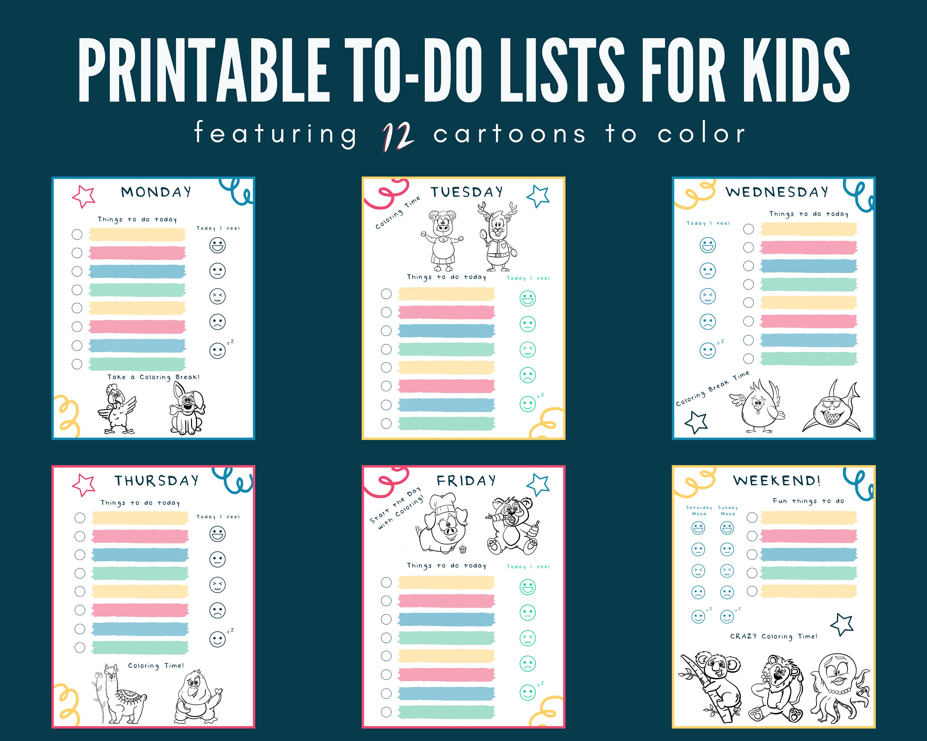 PRINTABLE Kids To-do List Daily Planner Daily Cartoons to Color Mood ...