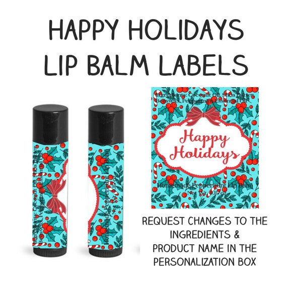 Happy Holidays Lip Balm Labels Teal Candy Cane Design Lip - Etsy