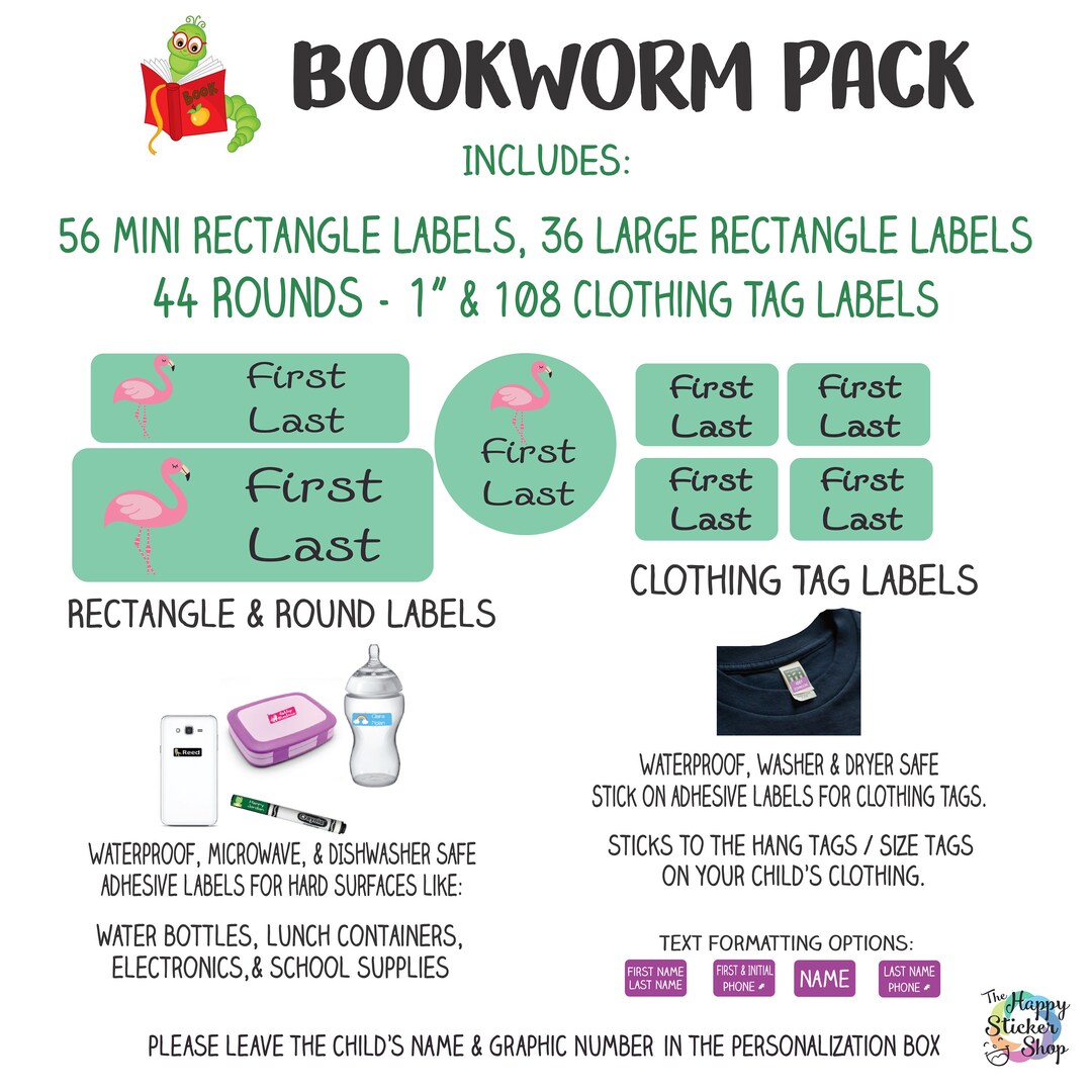 Bookworm Pack | Kid's Name Label Stickers - Waterproof, Dishwasher Safe ...